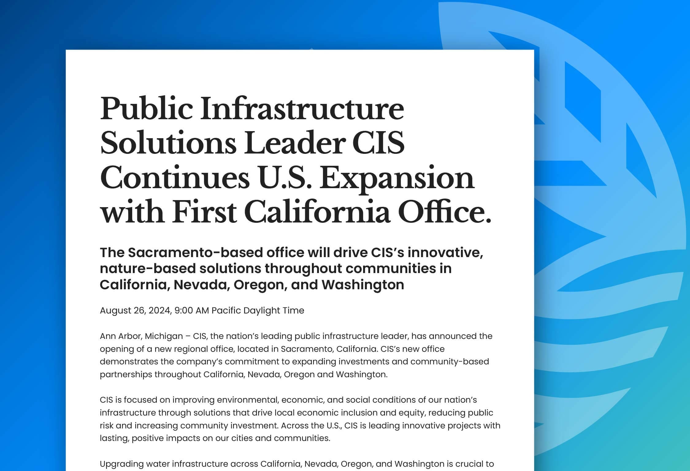 Public Infrastructure Solutions Leader CIS Continues U.S. Expansion with First California Office ...